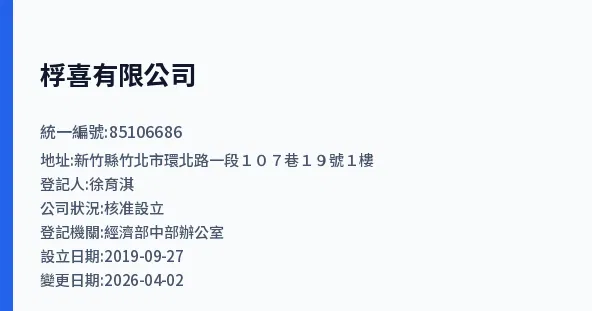 桴喜有限公司的照片-統編 85106686(新竹縣) 公司登記資料與營業項目詳細圖表