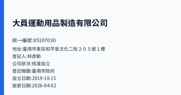 大員運動用品製造有限公司的照片-統編 85107030(臺南市) 公司登記資料與營業項目詳細圖表