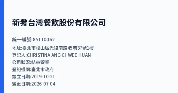 新肴台灣餐飲股份有限公司的照片-統編 85110062(臺北市) 公司登記資料與營業項目詳細圖表