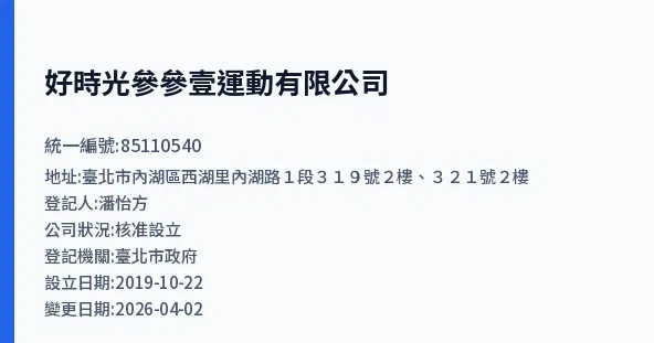 好時光參參壹運動有限公司的照片-統編 85110540(臺北市) 公司登記資料與營業項目詳細圖表