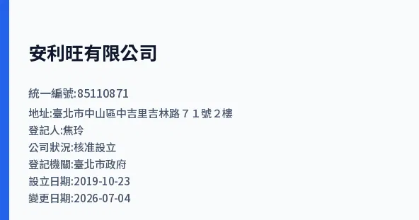 安利旺有限公司的照片-統編 85110871(臺北市) 公司登記資料與營業項目詳細圖表