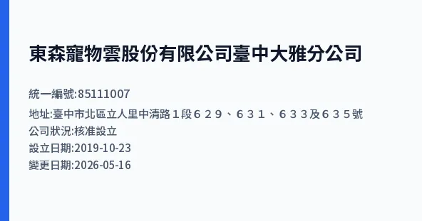 東森寵物雲股份有限公司臺中大雅分公司的照片-統編 85111007(臺中市) 公司登記資料與營業項目詳細圖表
