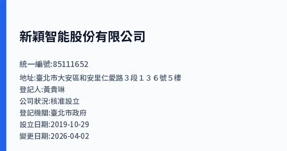 新穎智能股份有限公司的照片-統編 85111652(臺北市) 公司登記資料與營業項目詳細圖表