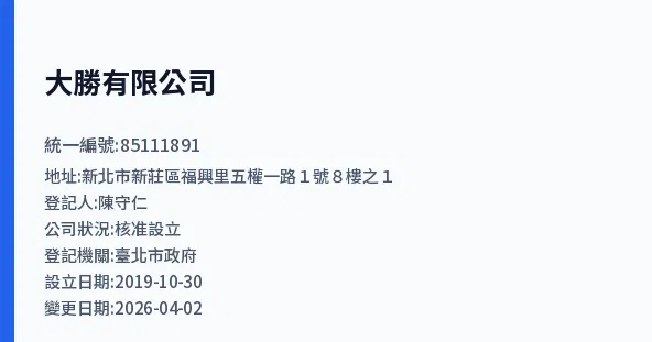 大勝有限公司的照片-統編 85111891(新北市) 公司登記資料與營業項目詳細圖表