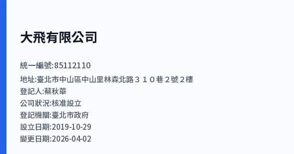 大飛有限公司的照片-統編 85112110(臺北市) 公司登記資料與營業項目詳細圖表