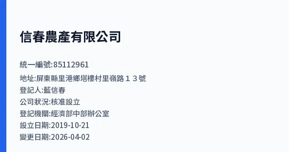 信春農產有限公司的照片-統編 85112961(屏東縣) 公司登記資料與營業項目詳細圖表