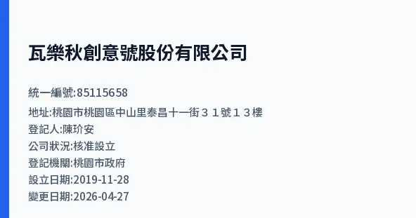 瓦樂秋創意號股份有限公司的照片-統編 85115658(桃園市) 公司登記資料與營業項目詳細圖表