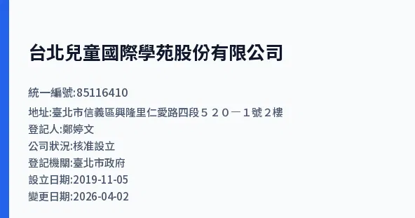 台北兒童國際學苑股份有限公司的照片-統編 85116410(臺北市) 公司登記資料與營業項目詳細圖表