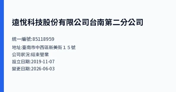 遠悅科技股份有限公司台南第二分公司的照片-統編 85118959(臺南市) 公司登記資料與營業項目詳細圖表