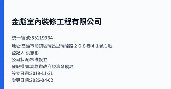 金彪室內裝修工程有限公司的照片-統編 85119964(高雄市) 公司登記資料與營業項目詳細圖表