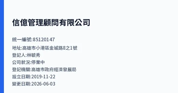 信億管理顧問有限公司的照片-統編 85120147(高雄市) 公司登記資料與營業項目詳細圖表