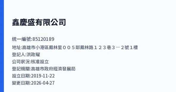 鑫慶盛有限公司的照片-統編 85120189(高雄市) 公司登記資料與營業項目詳細圖表
