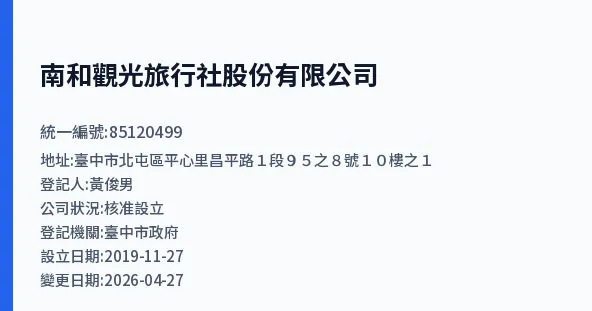 南和觀光旅行社股份有限公司的照片-統編 85120499(臺中市) 公司登記資料與營業項目詳細圖表