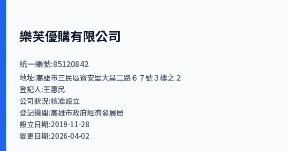 樂芙優購有限公司的照片-統編 85120842(高雄市) 公司登記資料與營業項目詳細圖表