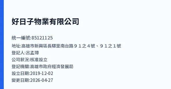 好日子物業有限公司的照片-統編 85121125(高雄市) 公司登記資料與營業項目詳細圖表
