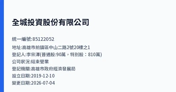 全城投資股份有限公司的照片-統編 85122052(高雄市) 公司登記資料與營業項目詳細圖表