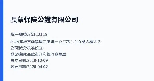 長榮保險公證有限公司的照片-統編 85122118(高雄市) 公司登記資料與營業項目詳細圖表