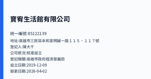 寶宥生活館有限公司的照片-統編 85122139(高雄市) 公司登記資料與營業項目詳細圖表