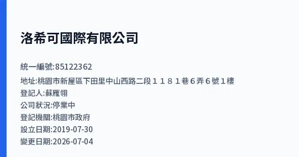 洛希可國際有限公司的照片-統編 85122362(桃園市) 公司登記資料與營業項目詳細圖表