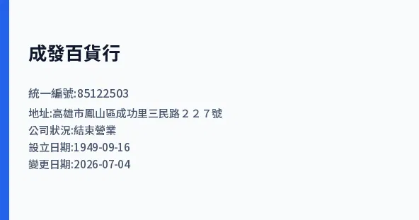 成發百貨行的照片-統編 85122503(高雄市) 公司登記資料與營業項目詳細圖表