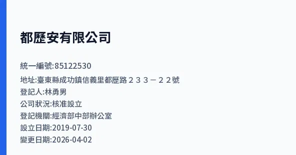 都歷安有限公司的照片-統編 85122530(臺東縣) 公司登記資料與營業項目詳細圖表