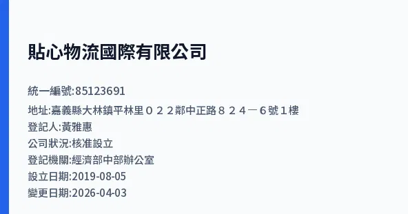 貼心物流國際有限公司的照片-統編 85123691(嘉義縣) 公司登記資料與營業項目詳細圖表