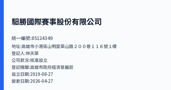 馹勝國際賽事股份有限公司的照片-統編 85124349(高雄市) 公司登記資料與營業項目詳細圖表