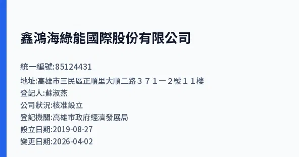 鑫鴻海綠能國際股份有限公司的照片-統編 85124431(高雄市) 公司登記資料與營業項目詳細圖表