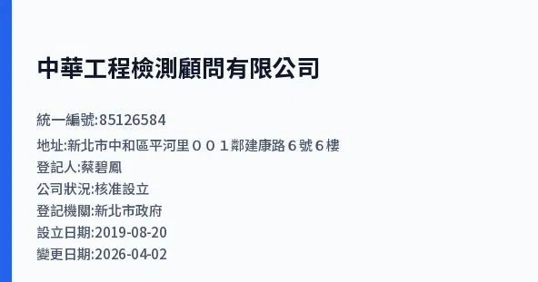 中華工程檢測顧問有限公司的照片-統編 85126584(新北市) 公司登記資料與營業項目詳細圖表