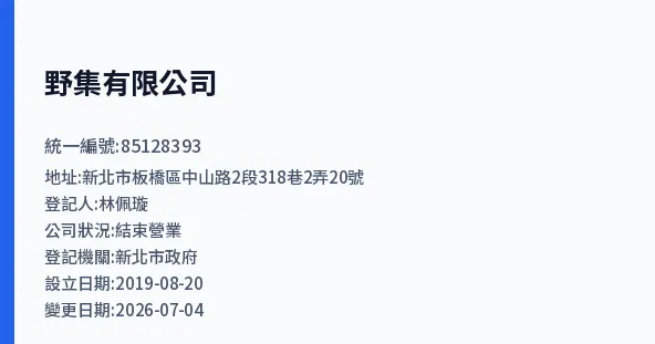 野集有限公司的照片-統編 85128393(新北市) 公司登記資料與營業項目詳細圖表