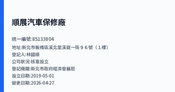 順展汽車保修廠的照片-統編 85133804(新北市) 公司登記資料與營業項目詳細圖表