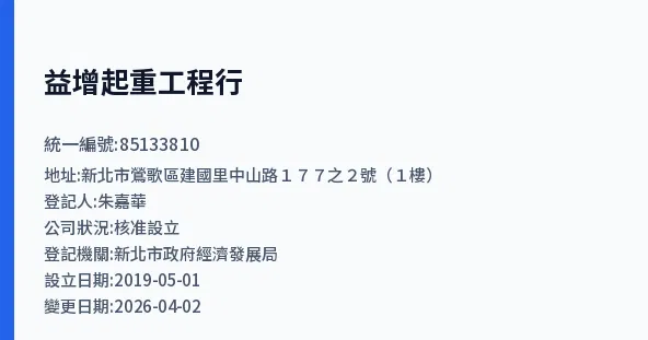 益增起重工程行的照片-統編 85133810(新北市) 公司登記資料與營業項目詳細圖表