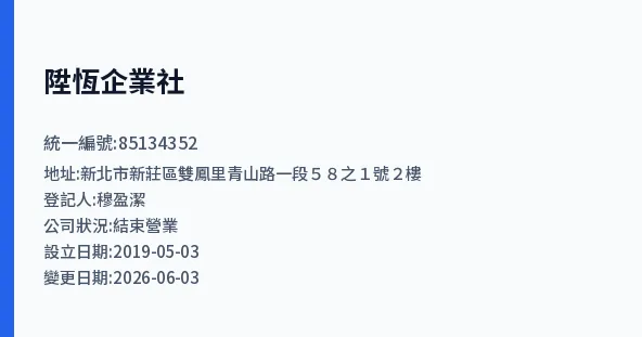 陞恆企業社的照片-統編 85134352(新北市) 公司登記資料與營業項目詳細圖表