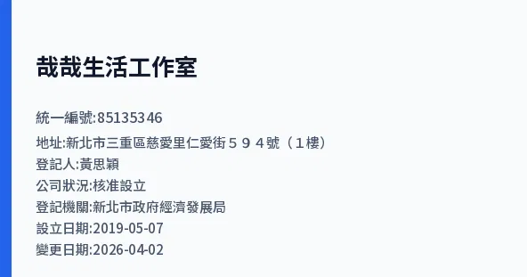 哉哉生活工作室的照片-統編 85135346(新北市) 公司登記資料與營業項目詳細圖表