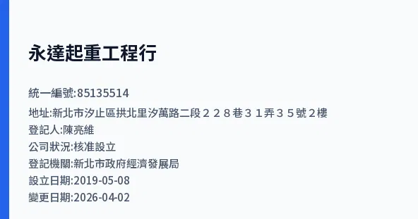 永達起重工程行的照片-統編 85135514(新北市) 公司登記資料與營業項目詳細圖表
