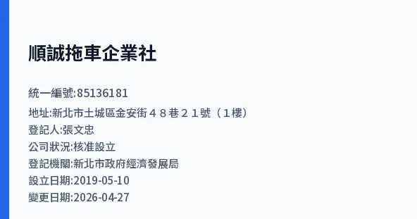 順誠拖車企業社的照片-統編 85136181(新北市) 公司登記資料與營業項目詳細圖表