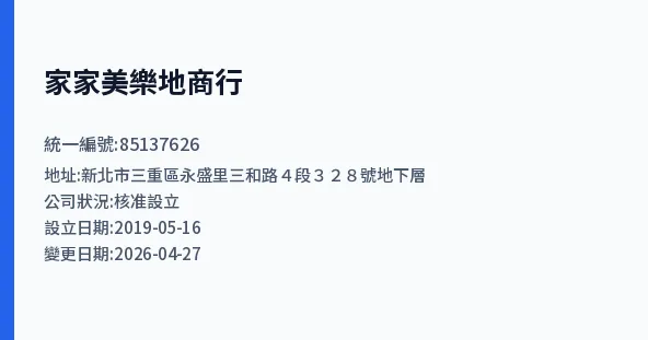 家家美樂地商行的照片-統編 85137626(新北市) 公司登記資料與營業項目詳細圖表