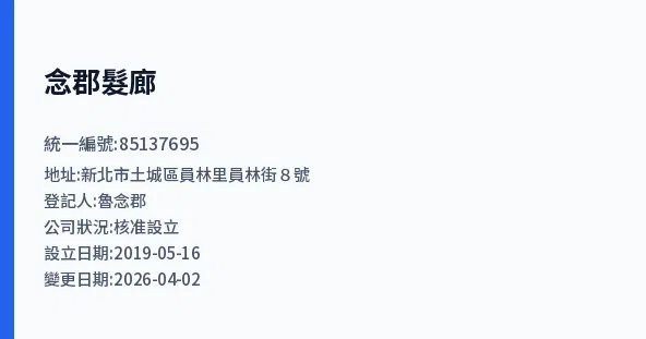 念郡髮廊的照片-統編 85137695(新北市) 公司登記資料與營業項目詳細圖表