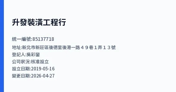 升發裝潢工程行的照片-統編 85137718(新北市) 公司登記資料與營業項目詳細圖表