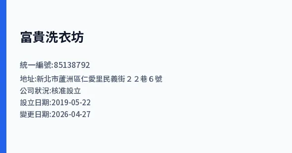 富貴洗衣坊的照片-統編 85138792(新北市) 公司登記資料與營業項目詳細圖表