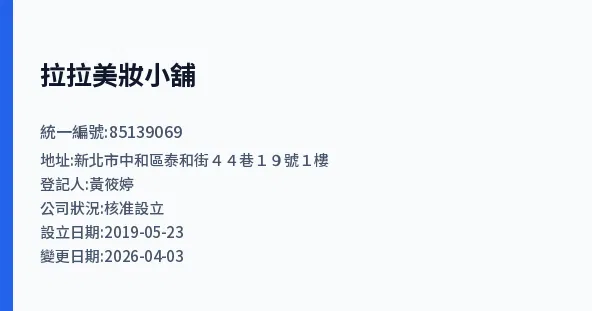 拉拉美妝小舖的照片-統編 85139069(新北市) 公司登記資料與營業項目詳細圖表