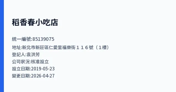 稻香春小吃店的照片-統編 85139075(新北市) 公司登記資料與營業項目詳細圖表