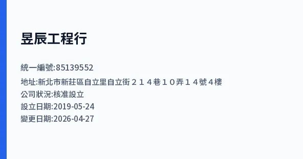 昱辰工程行的照片-統編 85139552(新北市) 公司登記資料與營業項目詳細圖表