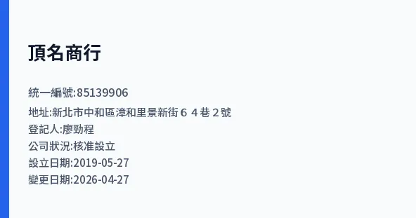 頂名商行的照片-統編 85139906(新北市) 公司登記資料與營業項目詳細圖表