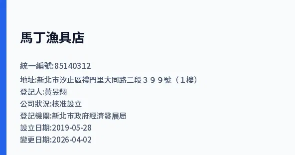 馬丁漁具店的照片-統編 85140312(新北市) 公司登記資料與營業項目詳細圖表