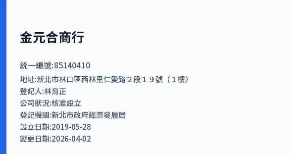 金元合商行的照片-統編 85140410(新北市) 公司登記資料與營業項目詳細圖表