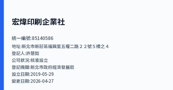 宏煒印刷企業社的照片-統編 85140586(新北市) 公司登記資料與營業項目詳細圖表