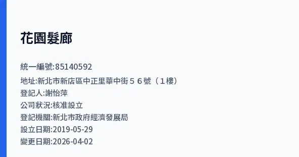 花園髮廊的照片-統編 85140592(新北市) 公司登記資料與營業項目詳細圖表