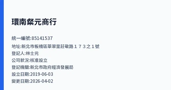 環南粲元商行的照片-統編 85141537(新北市) 公司登記資料與營業項目詳細圖表