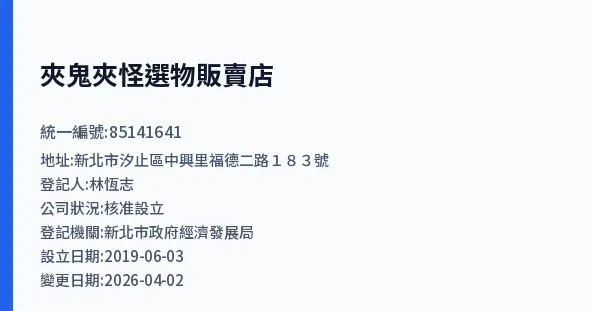 夾鬼夾怪選物販賣店的照片-統編 85141641(新北市) 公司登記資料與營業項目詳細圖表